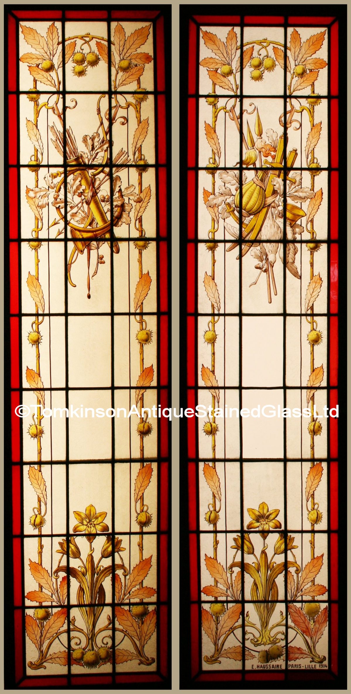 Ref: Fre210 - Pair French Stained Glass Windows - "Château Panels ...